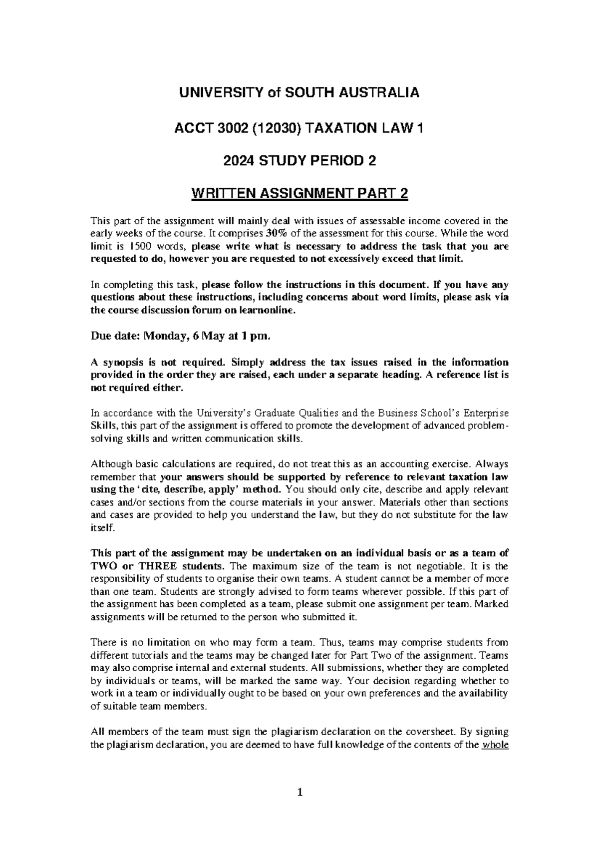 ACCT 3002 SP2 2024 Assignment Part 2 Final - UNIVERSITY of SOUTH ...