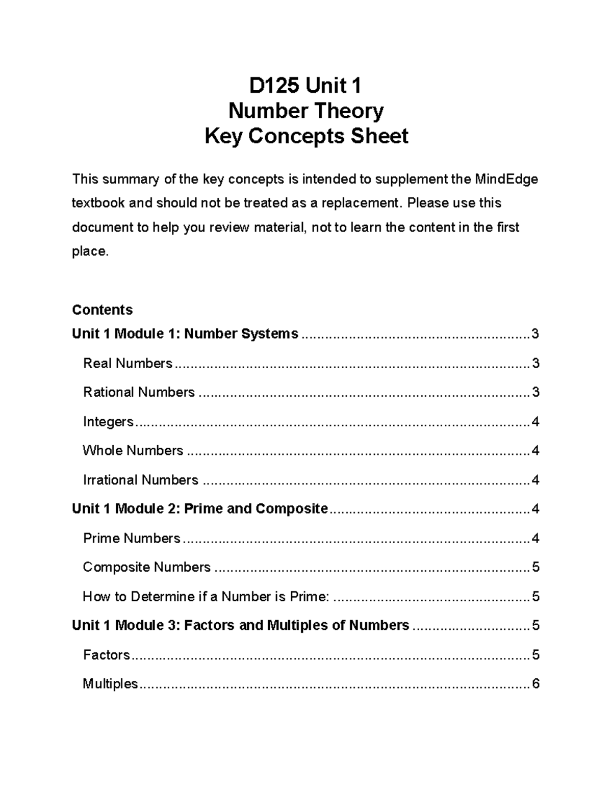 D125 Unit 1 Key Concepts - D125 Unit 1 Number Theory Key Concepts Sheet ...