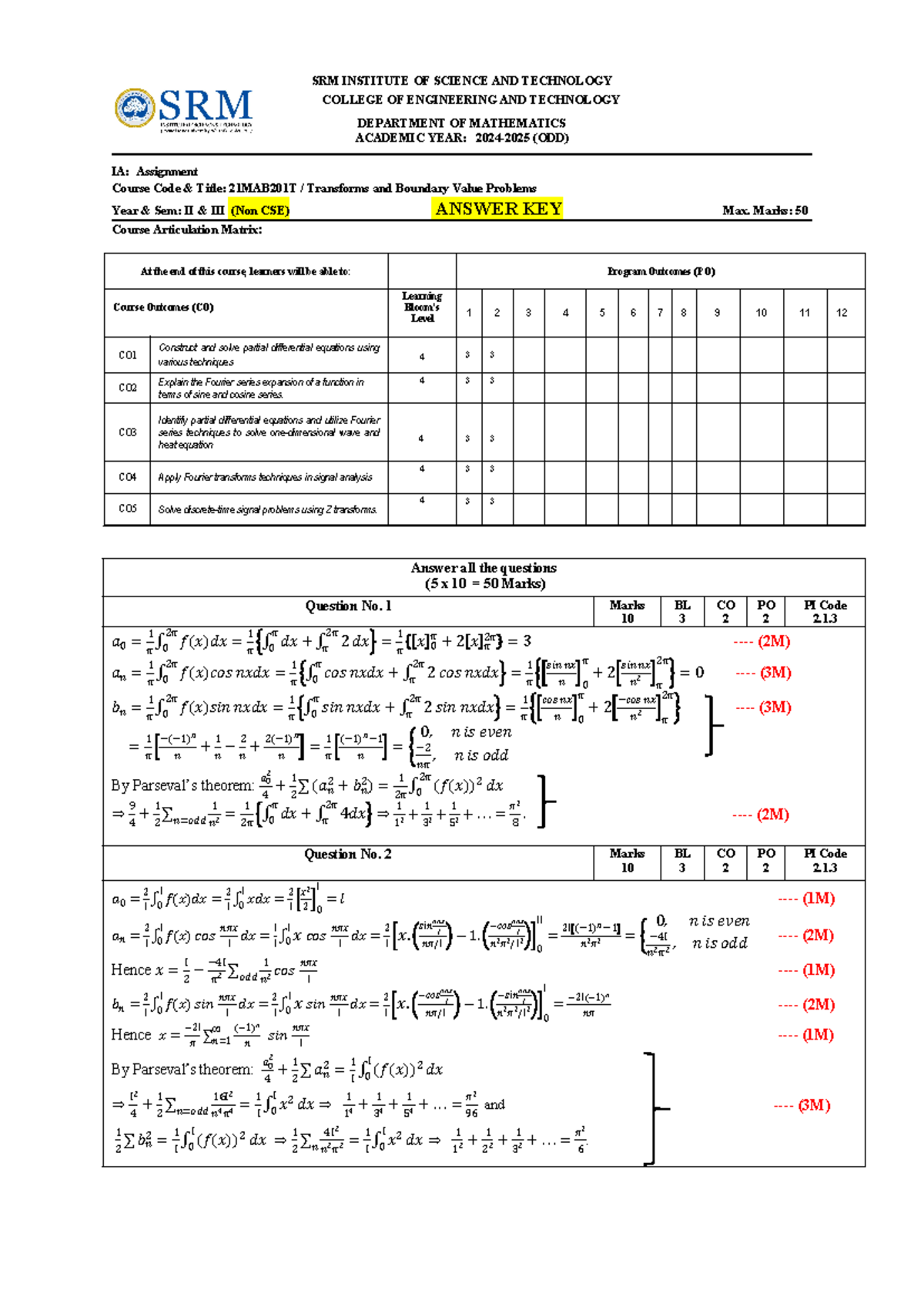 Assignment II-Non CSE -Answer Key - SRM INSTITUTE OF SCIENCE AND TECHNOLOGY COLLEGE OF ...