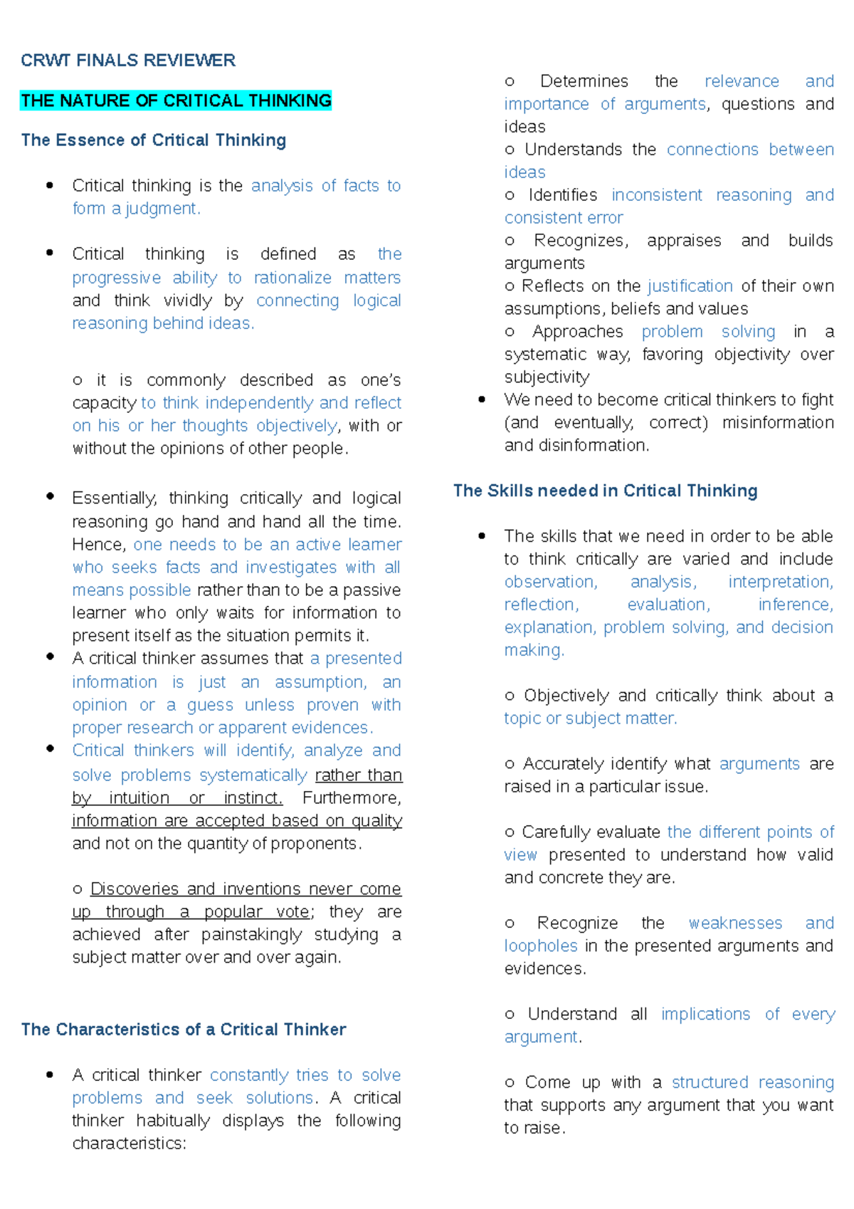 CRWT Finals Reviewer - THE NATURE OF CRITICAL THINKING The Essence of ...