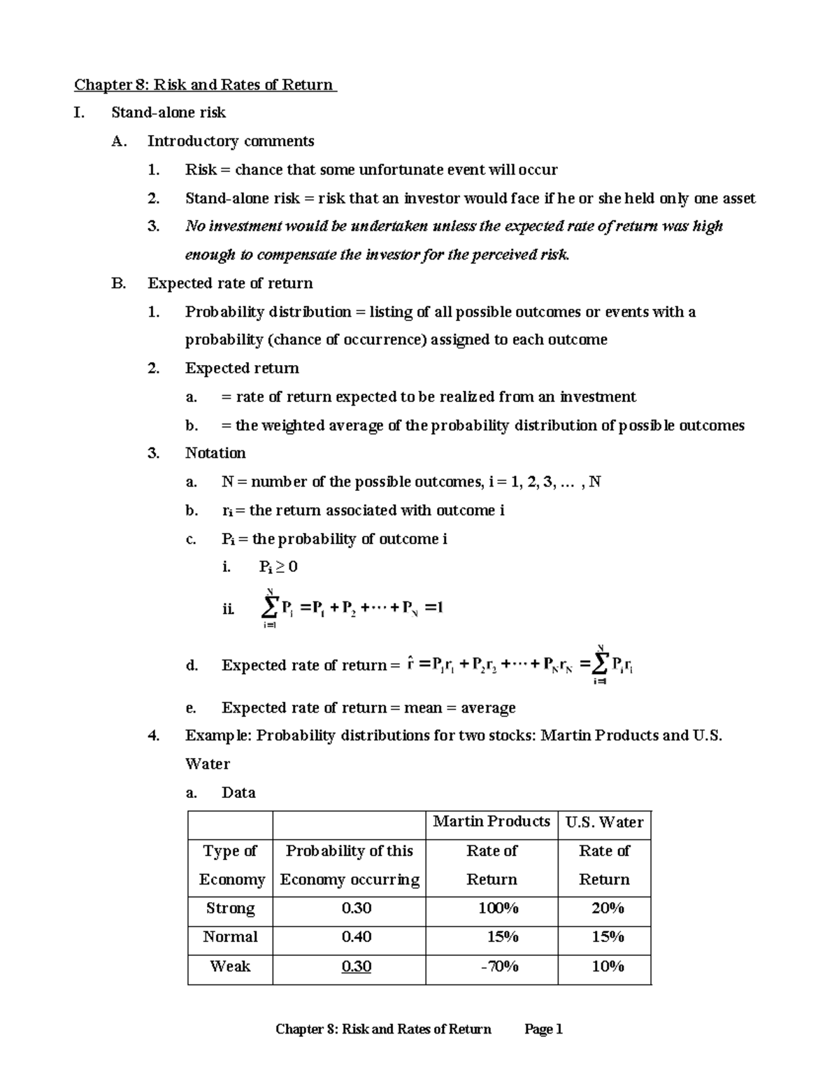 Chapter 8 outline - Chapter 8: Risk and Rates of Return I. Stand-alone ...