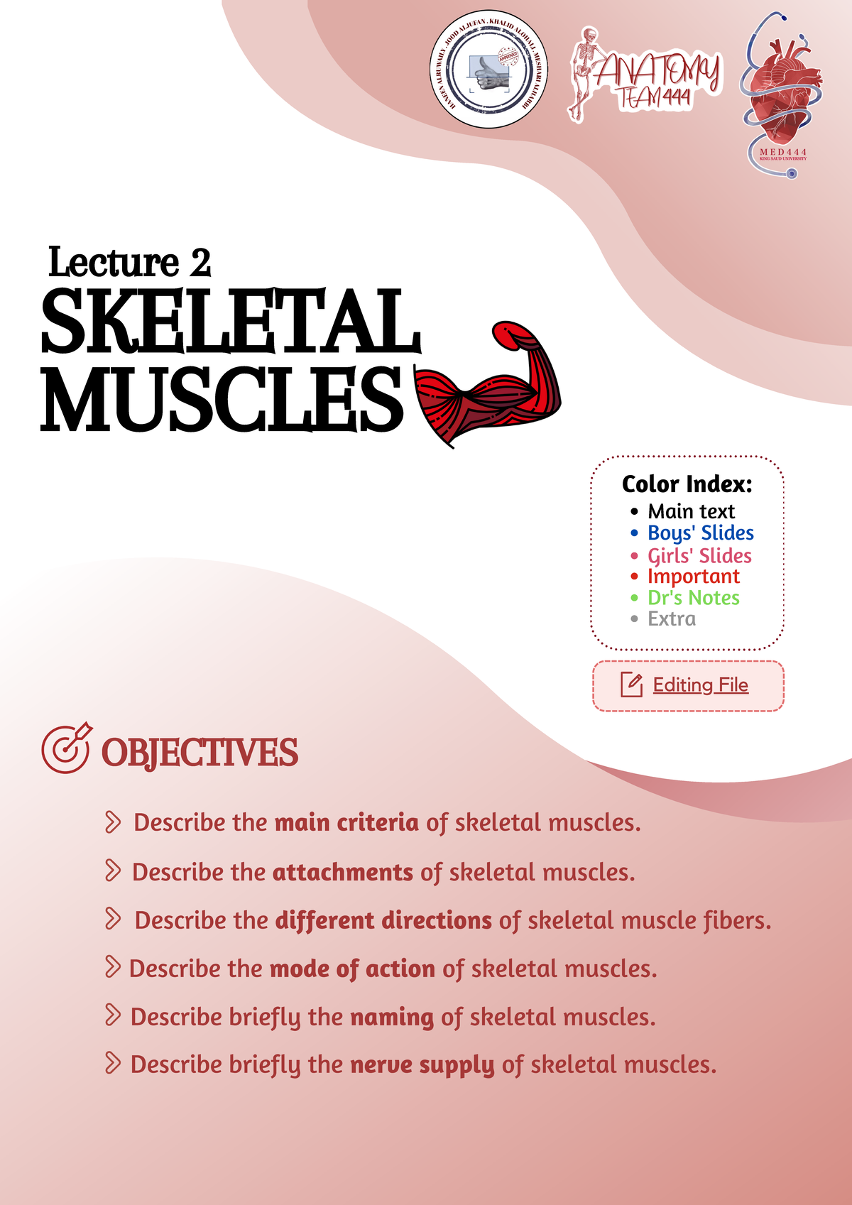 L2 - Skeletal Muscles - Lecture 2 SKELETAL MUSCLES Color Index: Main ...