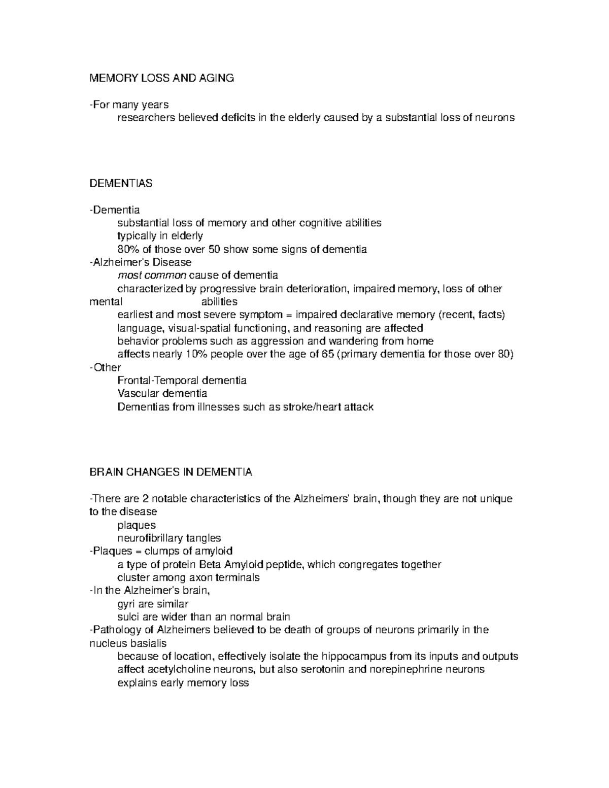 Physio Guest Speaker Notes Dementias - MEMORY LOSS AND AGING many years ...