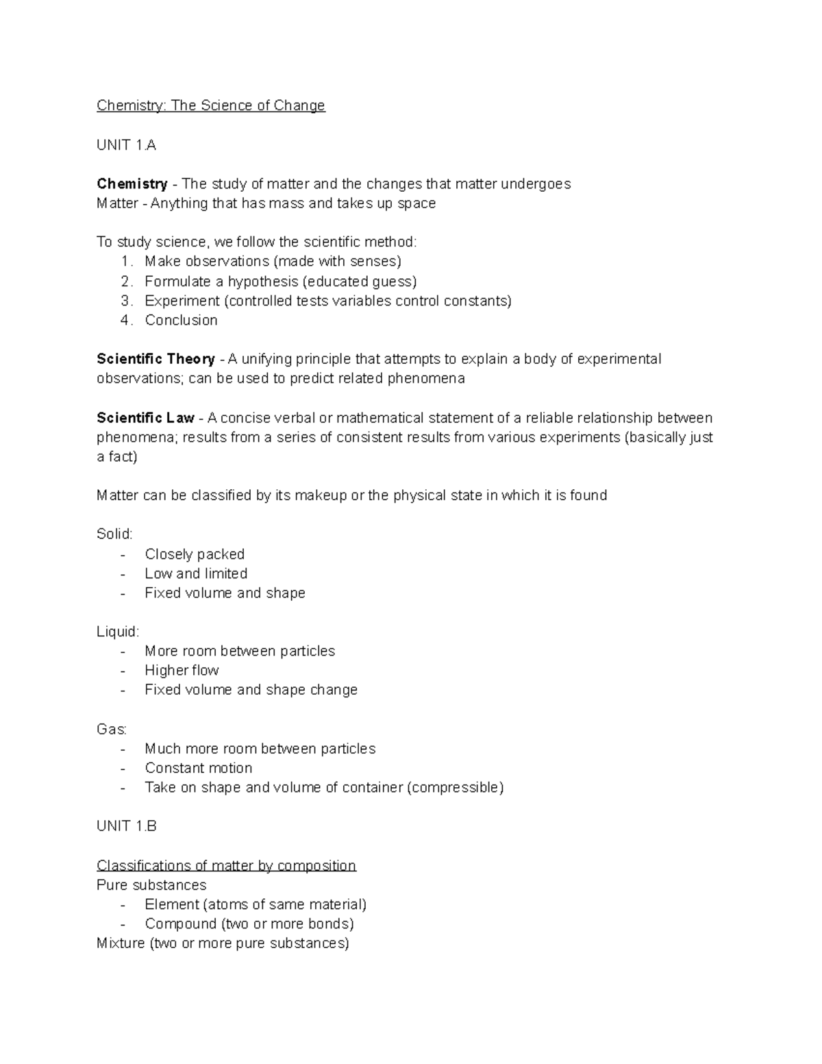 CHEM Unit 1 part 1 - Chemistry: The Science of Change UNIT 1 Chemistry ...