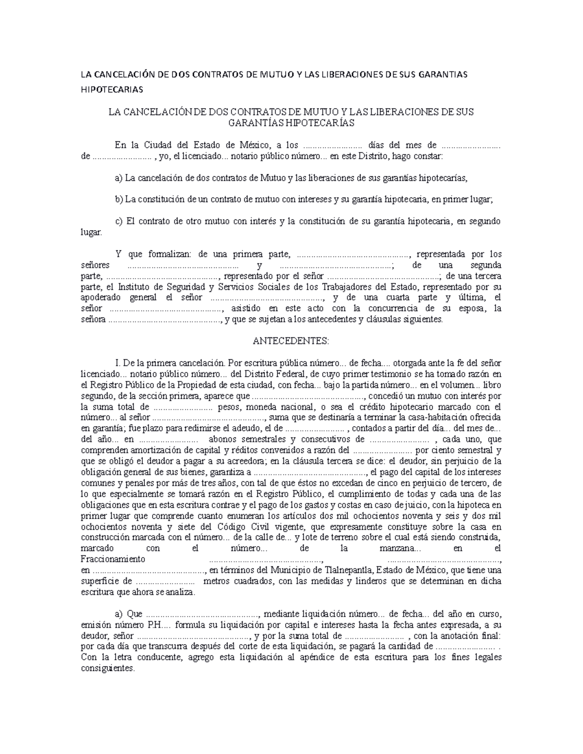 LA Cancelación DE DOS Contratos DE Mutuo Y LAS Liberaciones DE SUS ...