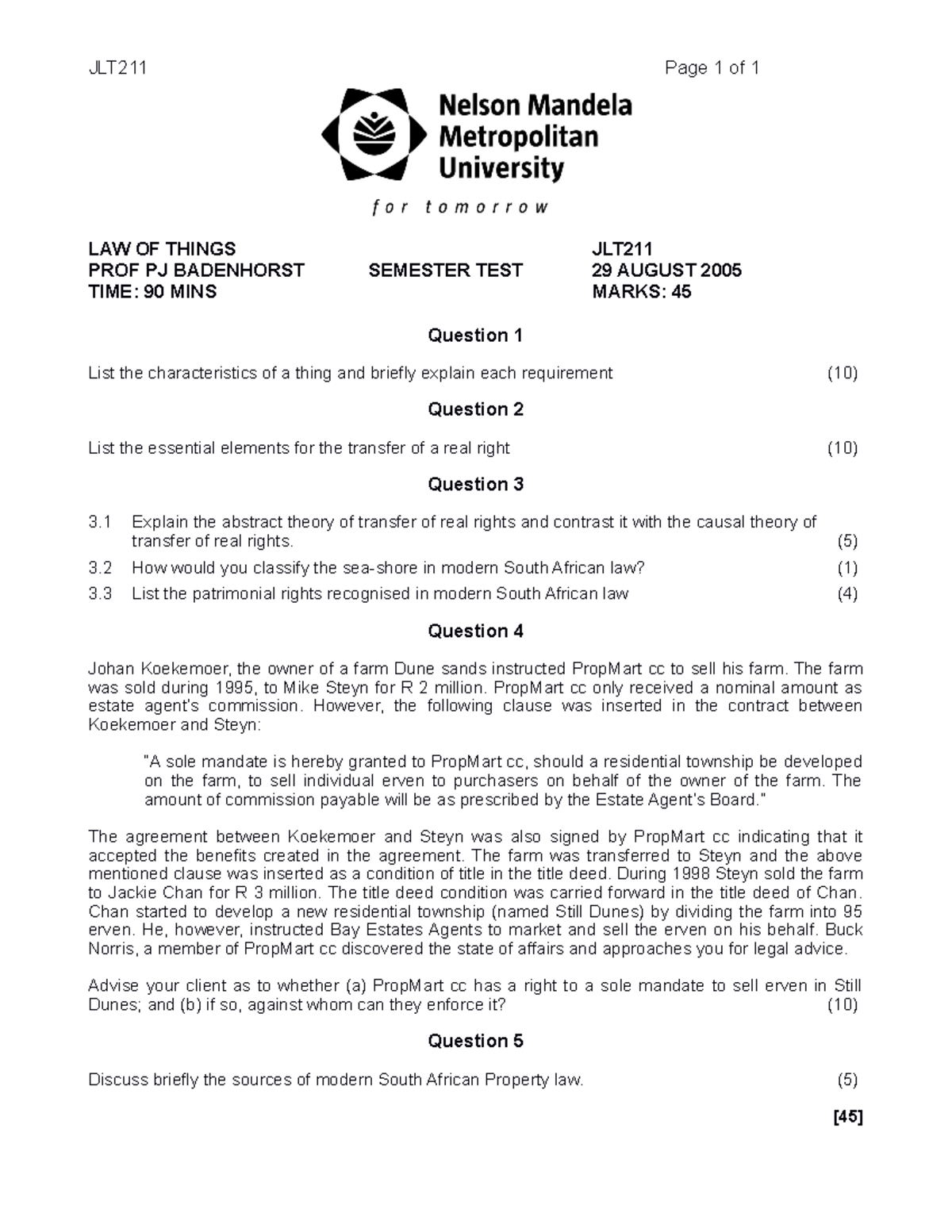 JLTt211 test 29aug2005 - JLT211 Page 1 of 1 LAW OF THINGS JLT PROF PJ ...