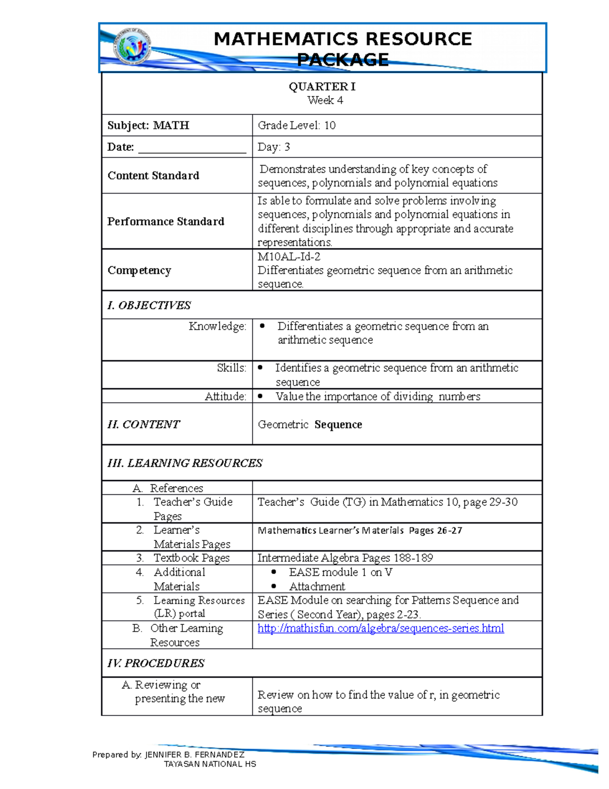 Quarter 1 - day 3 final - Geometric sequence lesson plan - PACKAGE ...