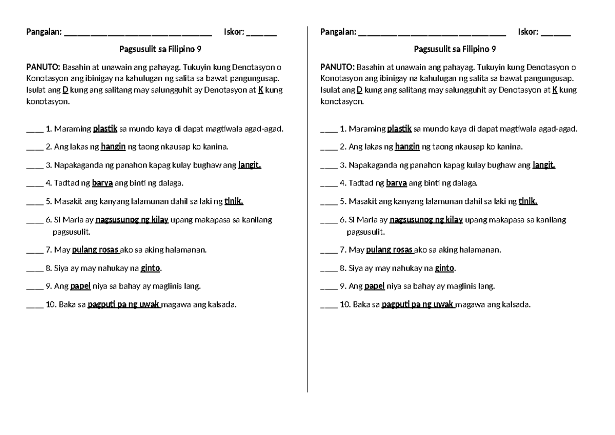 Fil 9 quiz (CO2) - Lesson Plan - Pangalan: __________________________________ Iskor ...