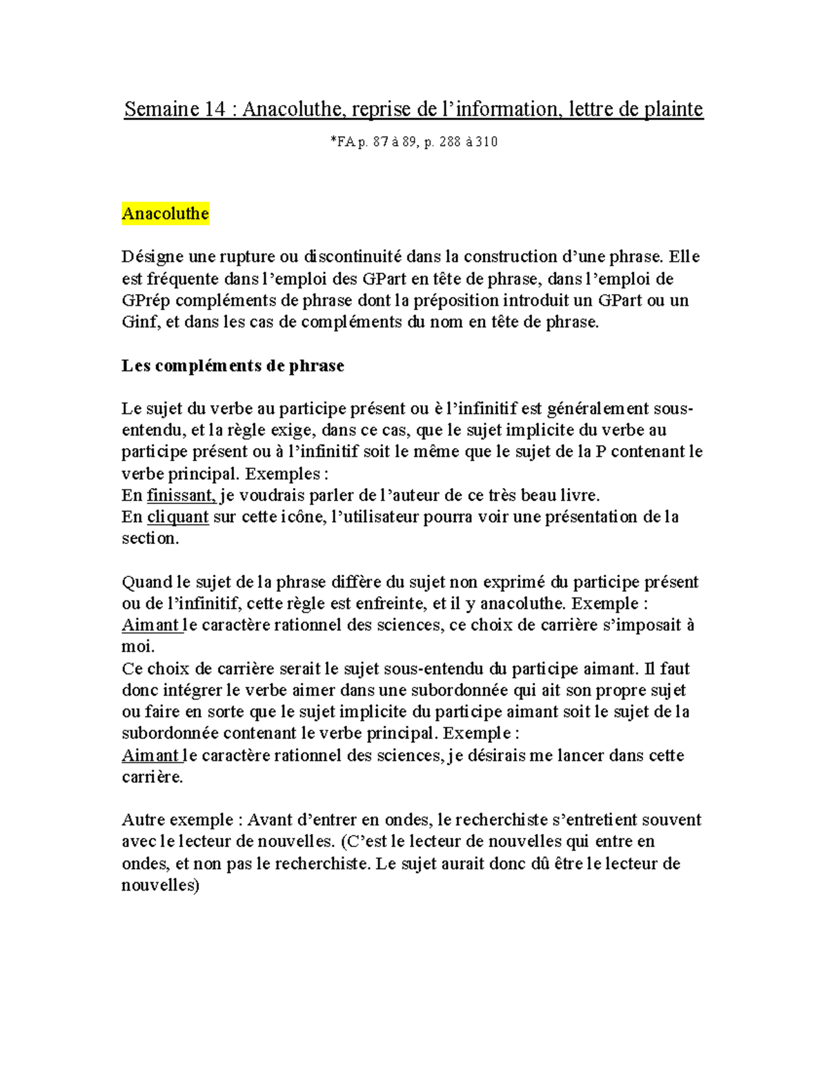 Semaine 14 - Cours de Kathleen Borgia - Semaine 14 : Anacoluthe ...