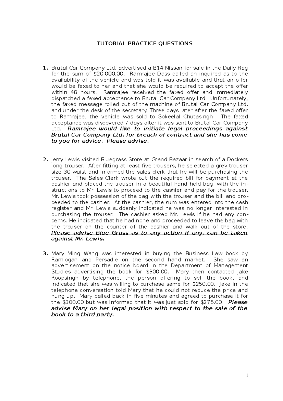 Sample/practice exam 2020, questions - TUTORIAL PRACTICE QUESTIONS 1 ...