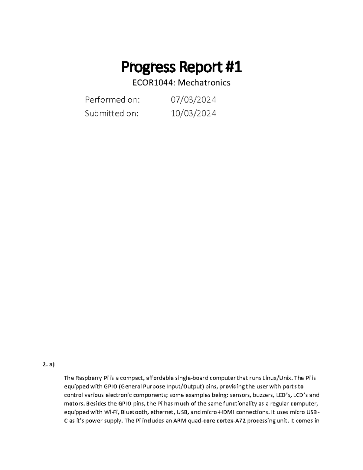 Progress Report 1 - Progress Report ECOR1044: Mechatronics Performed on ...