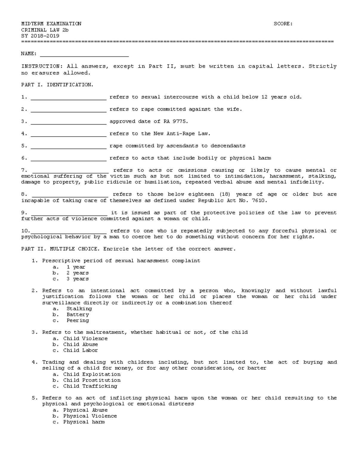 Midterm EXAM - EXAM - MIDTERM EXAMINATION SCORE: CRIMINAL LAW 2b SY ...