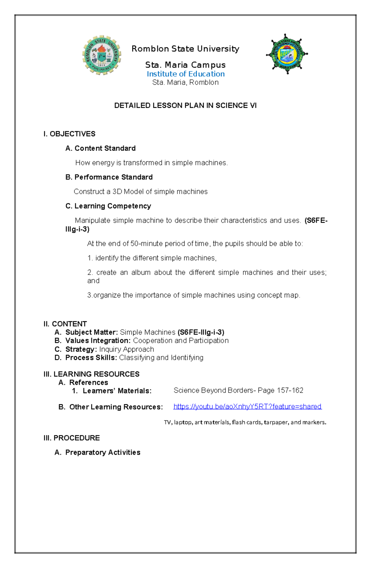 Simple-Machines-LP - Lesson Plan in Simple Machines - Romblon State ...
