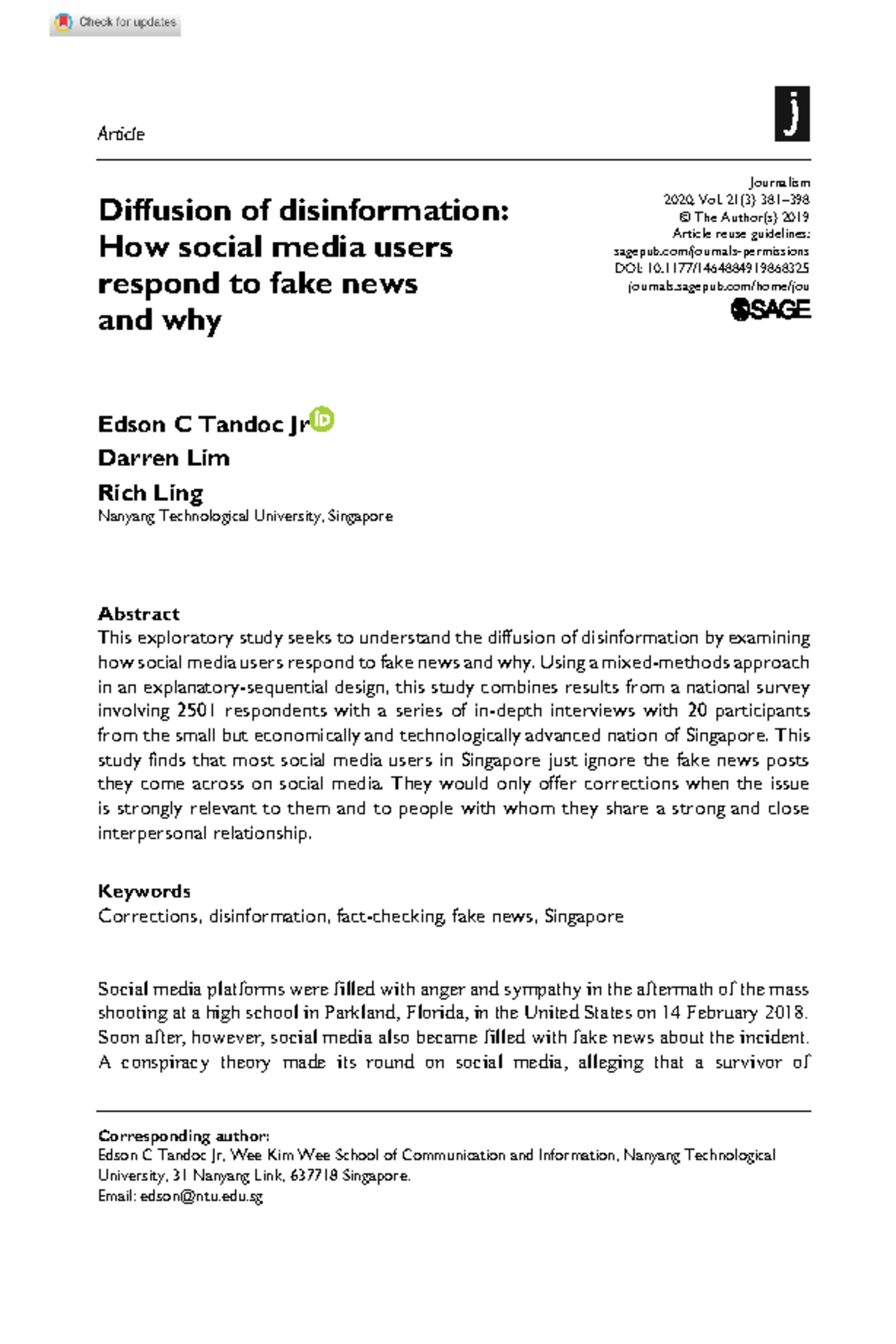 Tandoc et al 2019 diffusion of disinformation how social media users ...