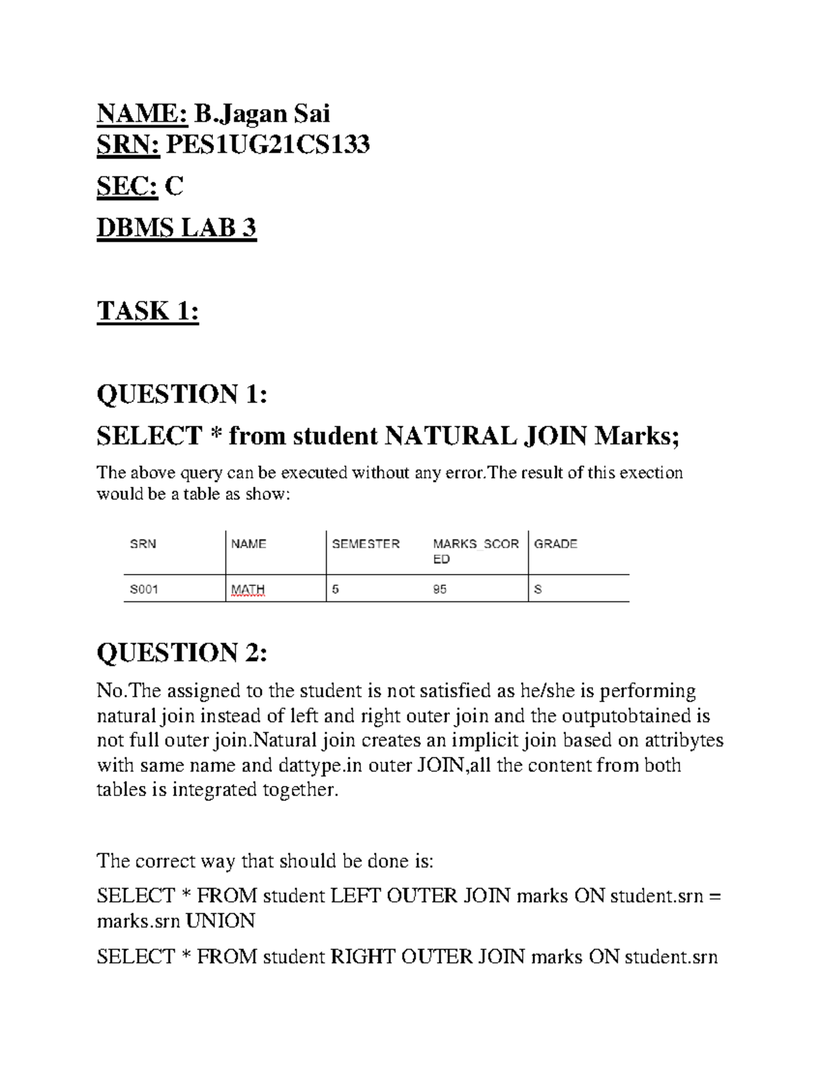 PES1UG21CS133 University Fest DB LAB3 - NAME: B Sai SRN: PES1UG21CS SEC: C DBMS LAB 3 TASK 1 ...