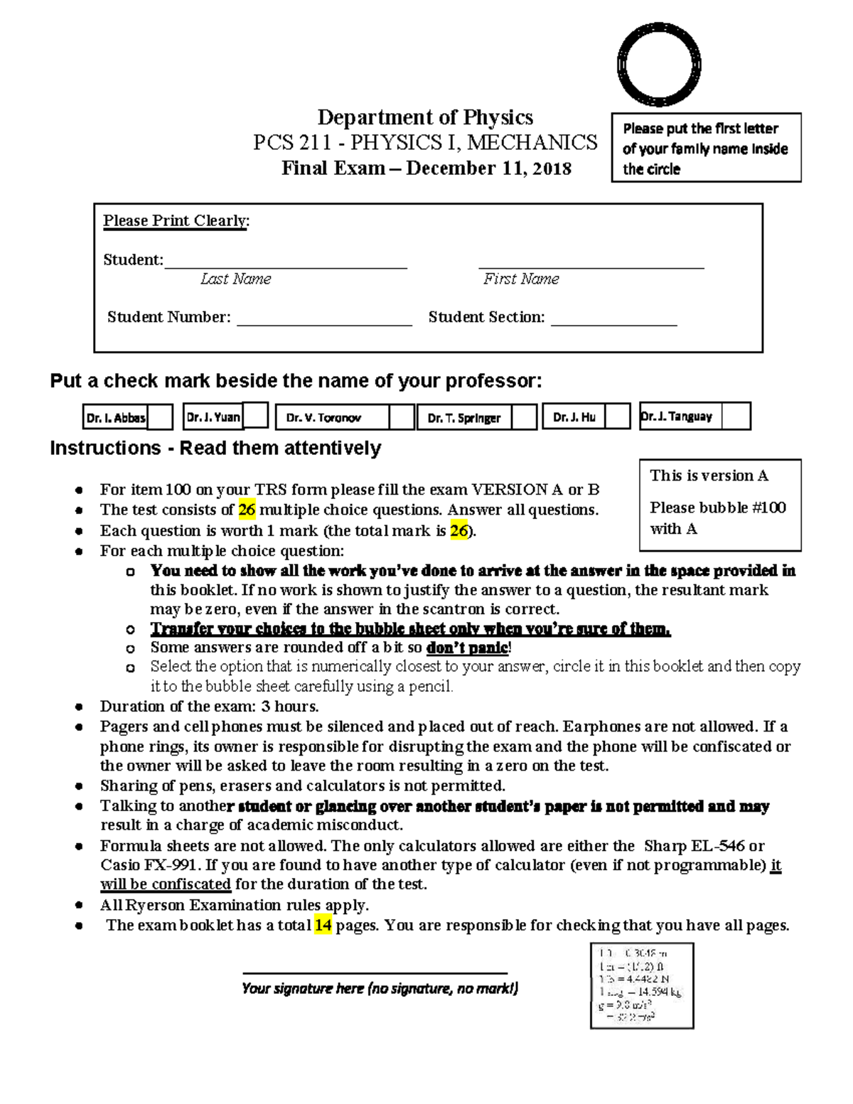 PCS211 Final F2018 - Department of Physics PCS 211 - PHYSICS I ...