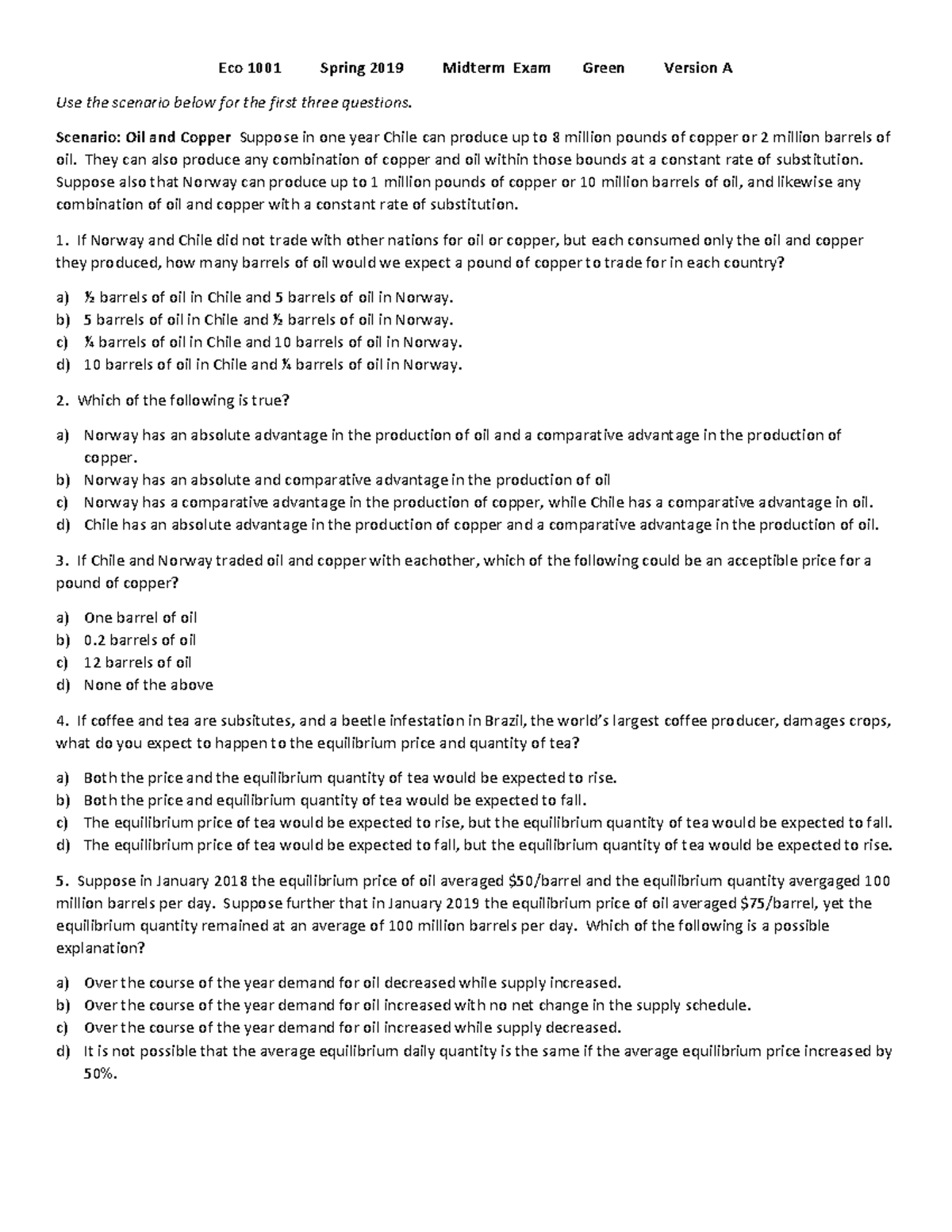 Econ 1001 Exam 2 Practice - Eco 1001 Spring 2019 Midterm Exam Green ...