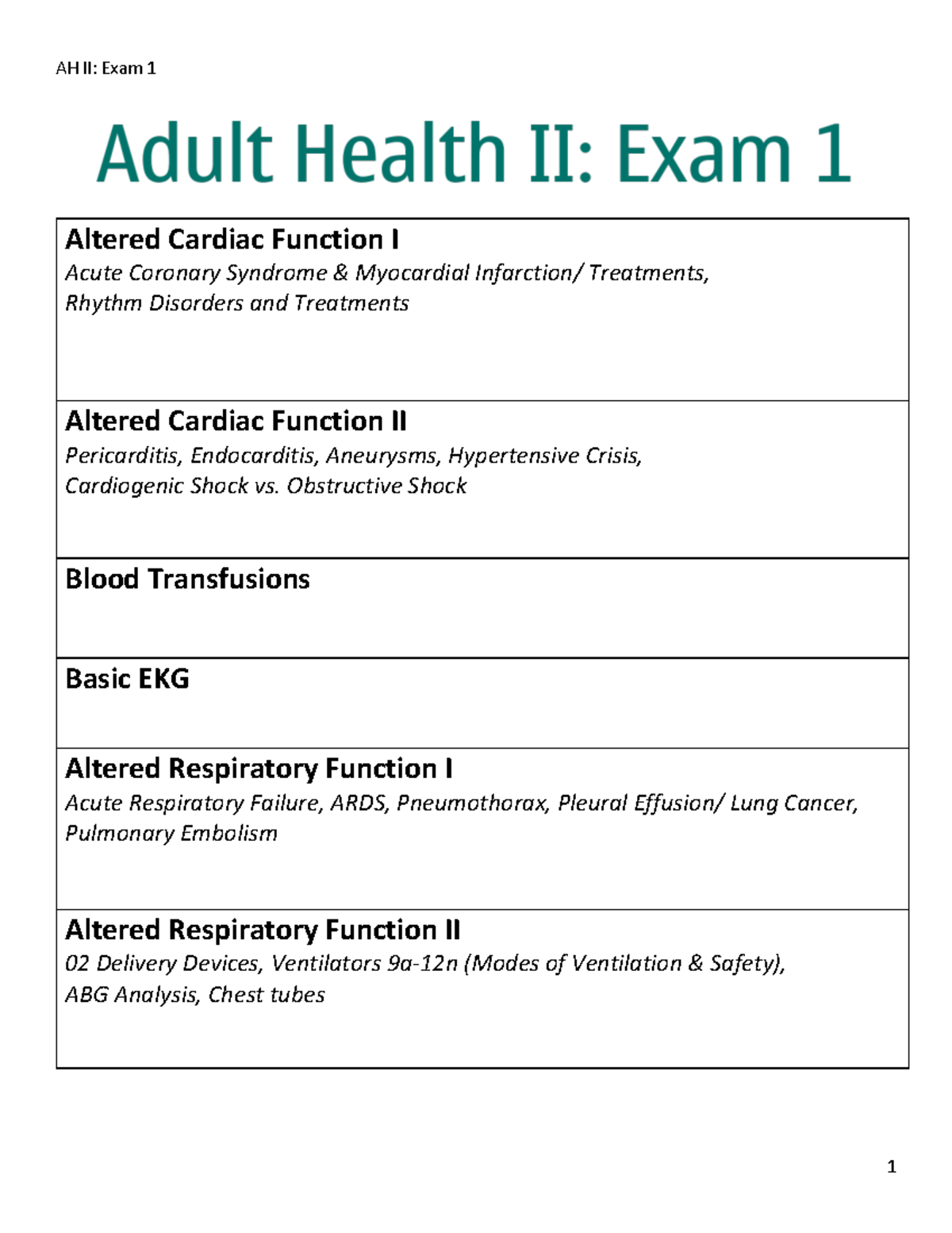AH2 Exam 1 Comprehensive - Altered Cardiac Function I Acute Coronary ...