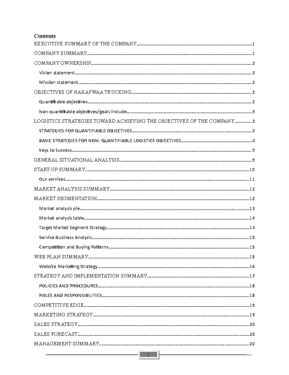 Sample Logistics PLAN - notes - i EXECUTIVE SUMMARY OF THE - Studocu