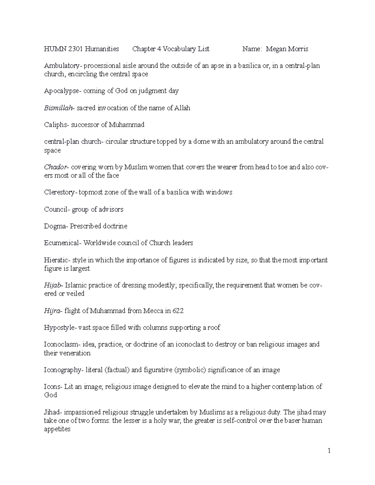 Humanities Ch4 Vocab - HUMN 2301*1C - HUMN 2301 Humanities Chapter 4 ...