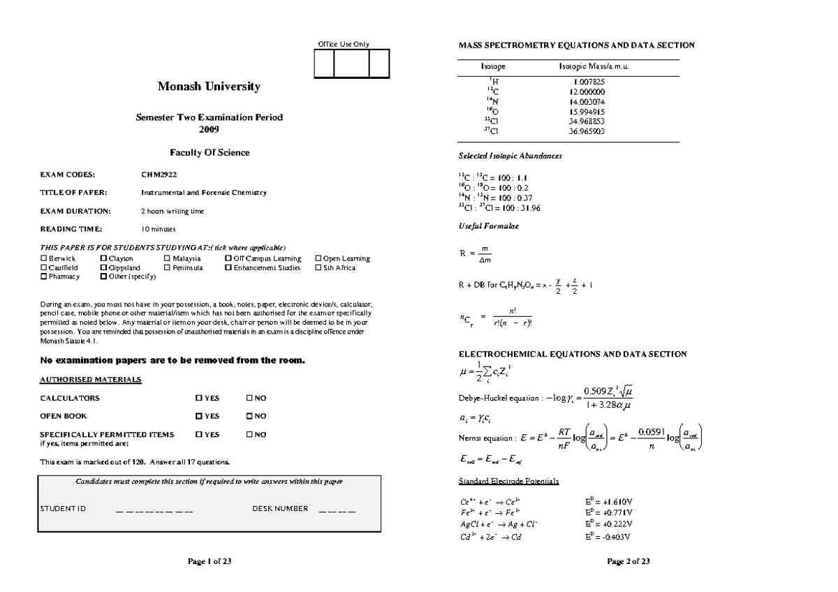 CHM2922-exam-2009 - Office Use Only Monash University Semester Two ...