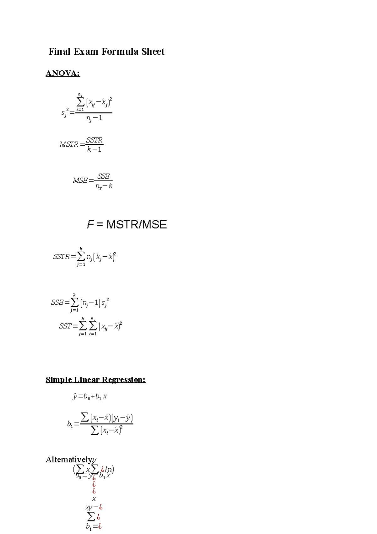 Final Exam Formula Sheet - STATS1900 - . . b0 b1x1 b2x2 . . . p 2) R2 ...