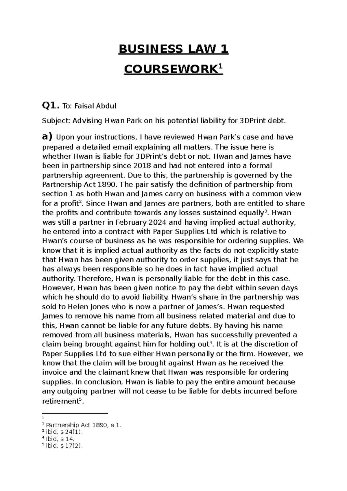 Business Law 1 - assessment - BUSINESS LAW 1 COURSEWORK 1 Q1. To ...