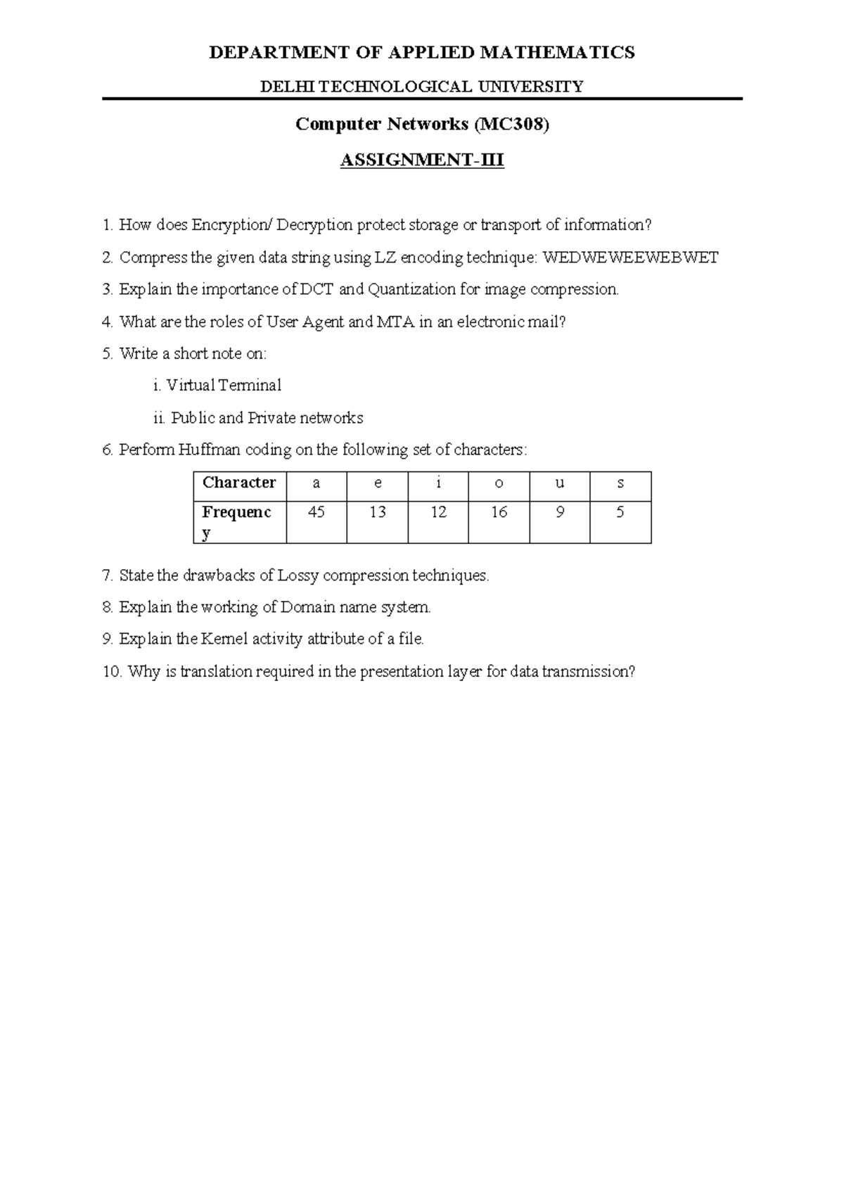 Computer Networks Assignment 3 Department Of Applied Mathematics Delhi Technological