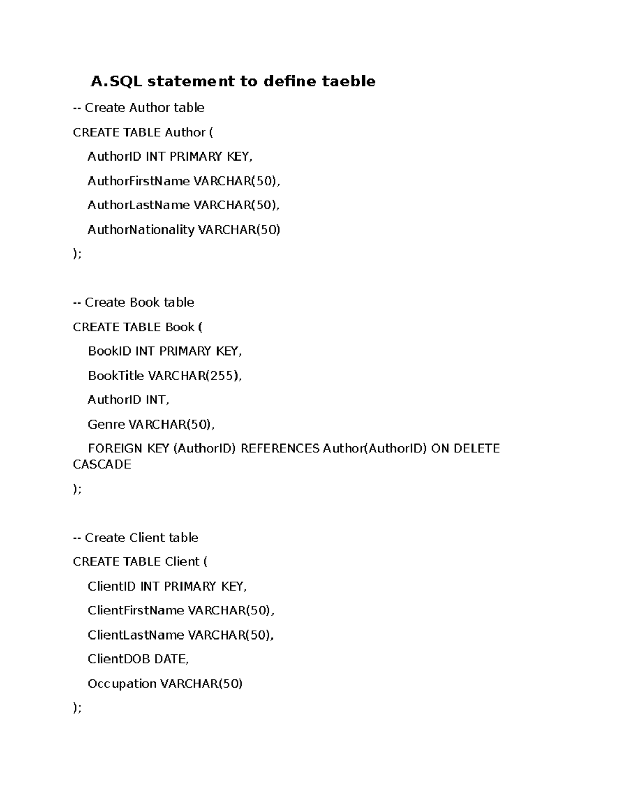 SQL assignment pt2 - THis is the documents. - A statement to define ...