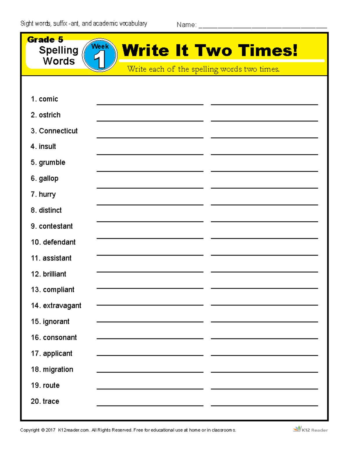 5th Grade Spelling Words Week 01 - Grade 5 Spelling Words Write It Two ...
