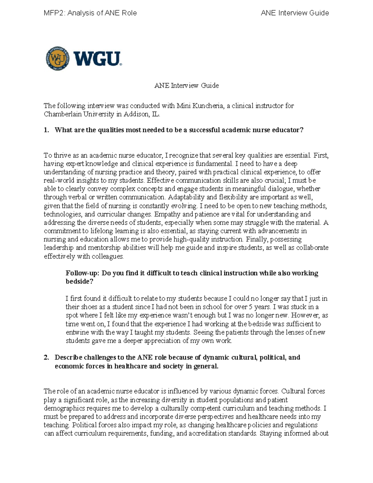 Interview Guide - 10 Core Questions - MFP2: Analysis of ANE Role ANE Interview Guide ANE ...