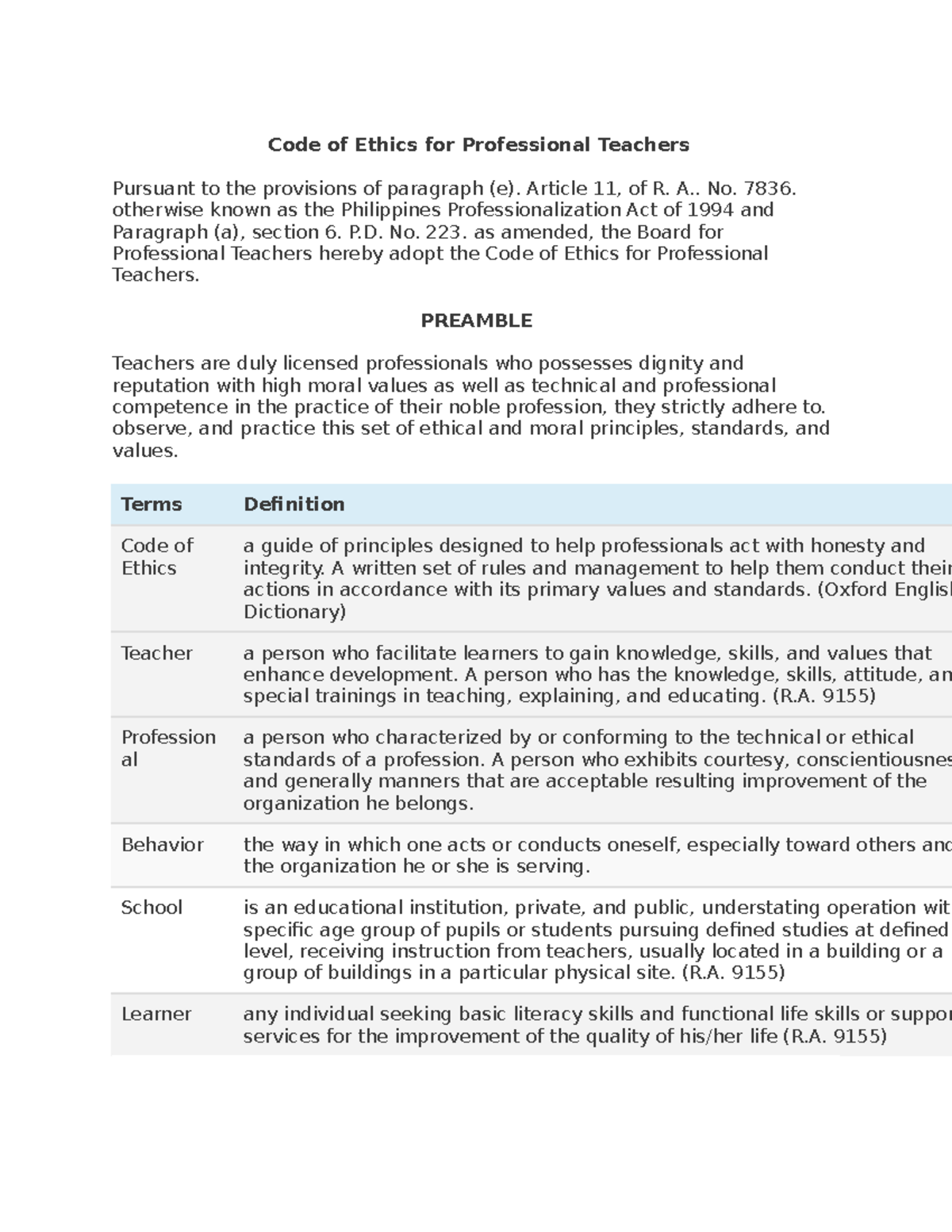 Code of Ethics for professional Teacher ( lesson) - Code of Ethics for ...