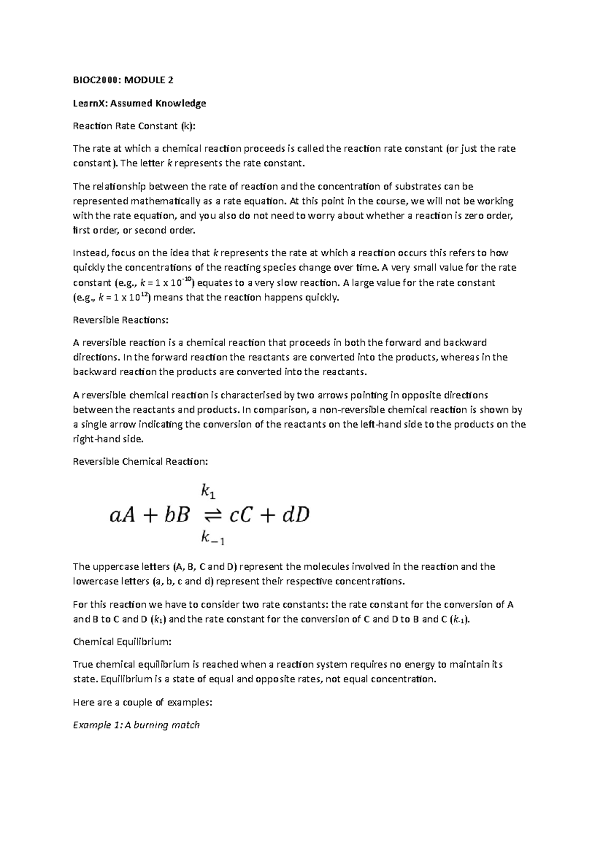 BIOC2000 Module 2 - BIOC2000: MODULE 2 LearnX: Assumed Knowledge Reaction Rate Constant (k): The ...