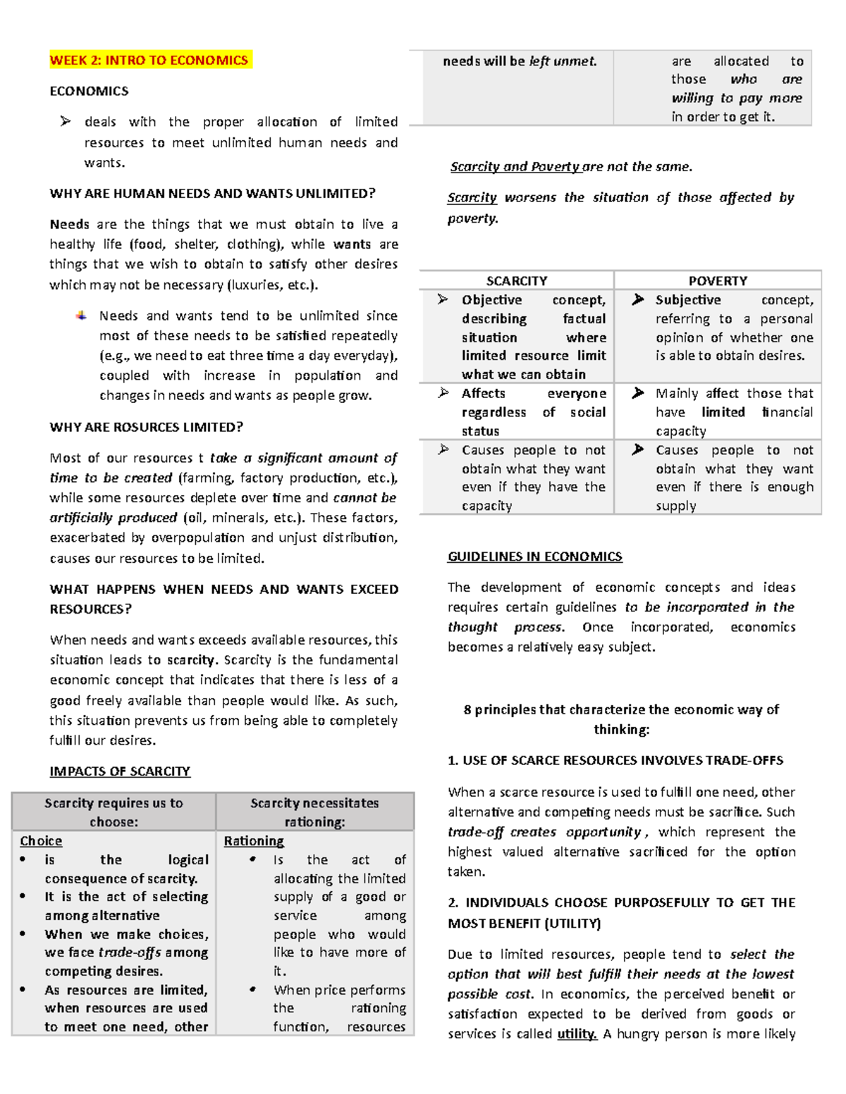 Economics Notes - REVIEW WELL - WEEK 2: INTRO TO ECONOMICS ECONOMICS ...