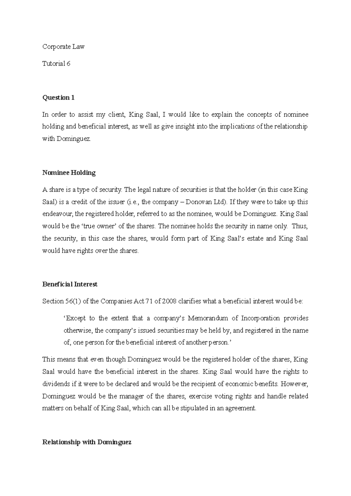 Corporate Law Tut 6 - Tutorial 6 - Corporate Law Tutorial 6 Question 1 ...