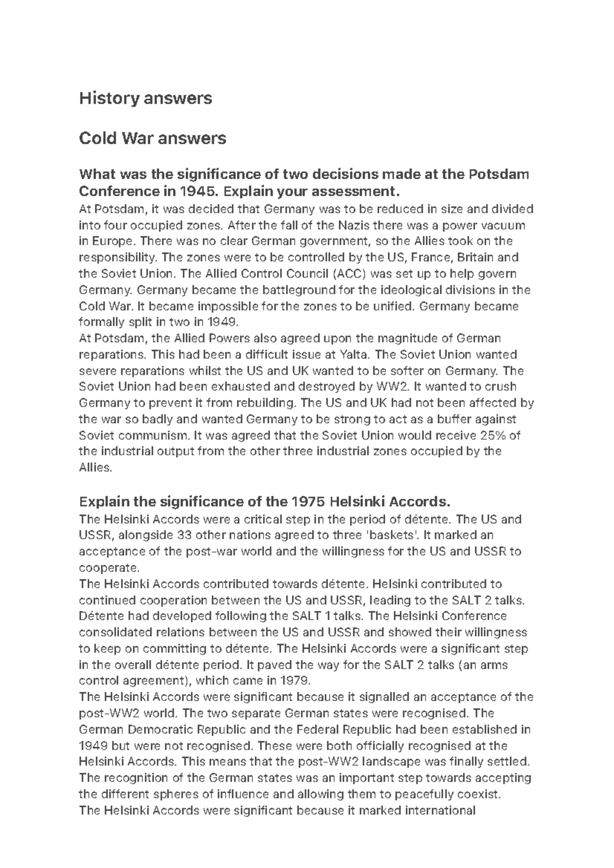 History GCSE essay answers - History answers Cold War answers What was ...