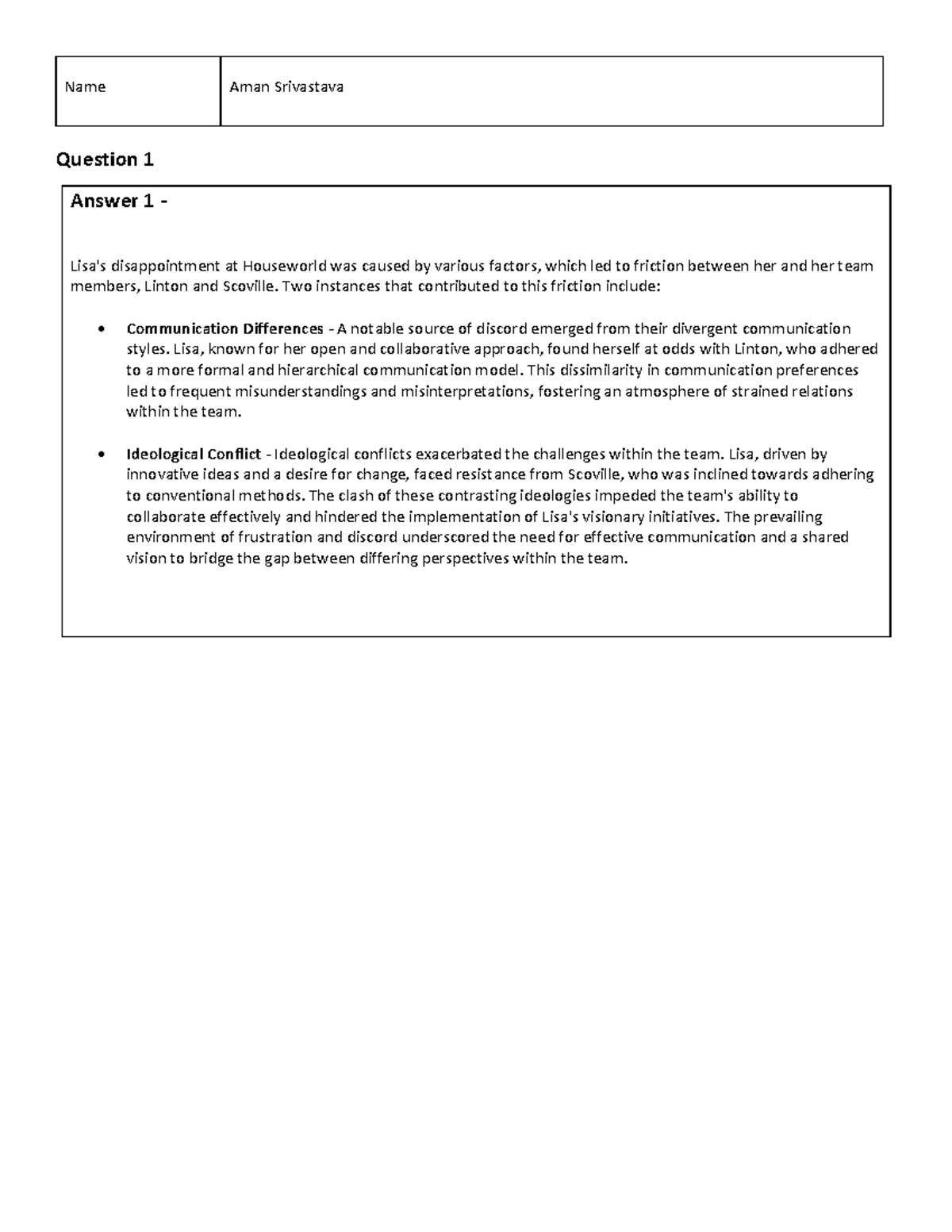 IMT Lisa Benton Aman Srivastava - Name Aman Srivastava Question 1 Answer 1 - Lisa's ...