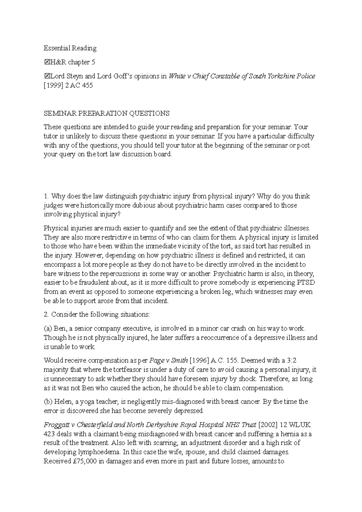 Seminar 2 prep notes - Essential Reading ☒H&R chapter 5 ☒Lord Steyn and ...
