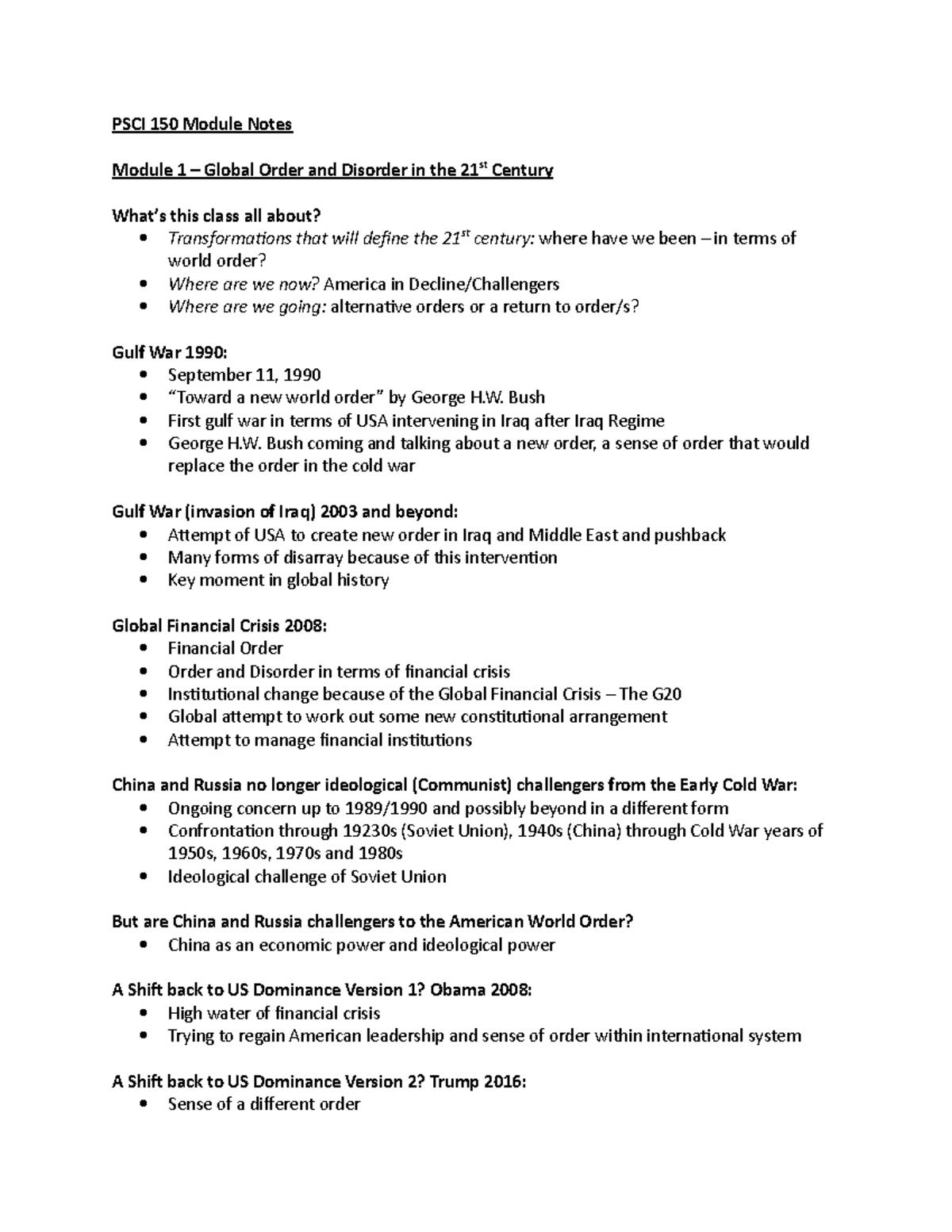 PSCI 150 Week 1 Module Notes - PSCI 150 Module Notes Module 1 – Global ...