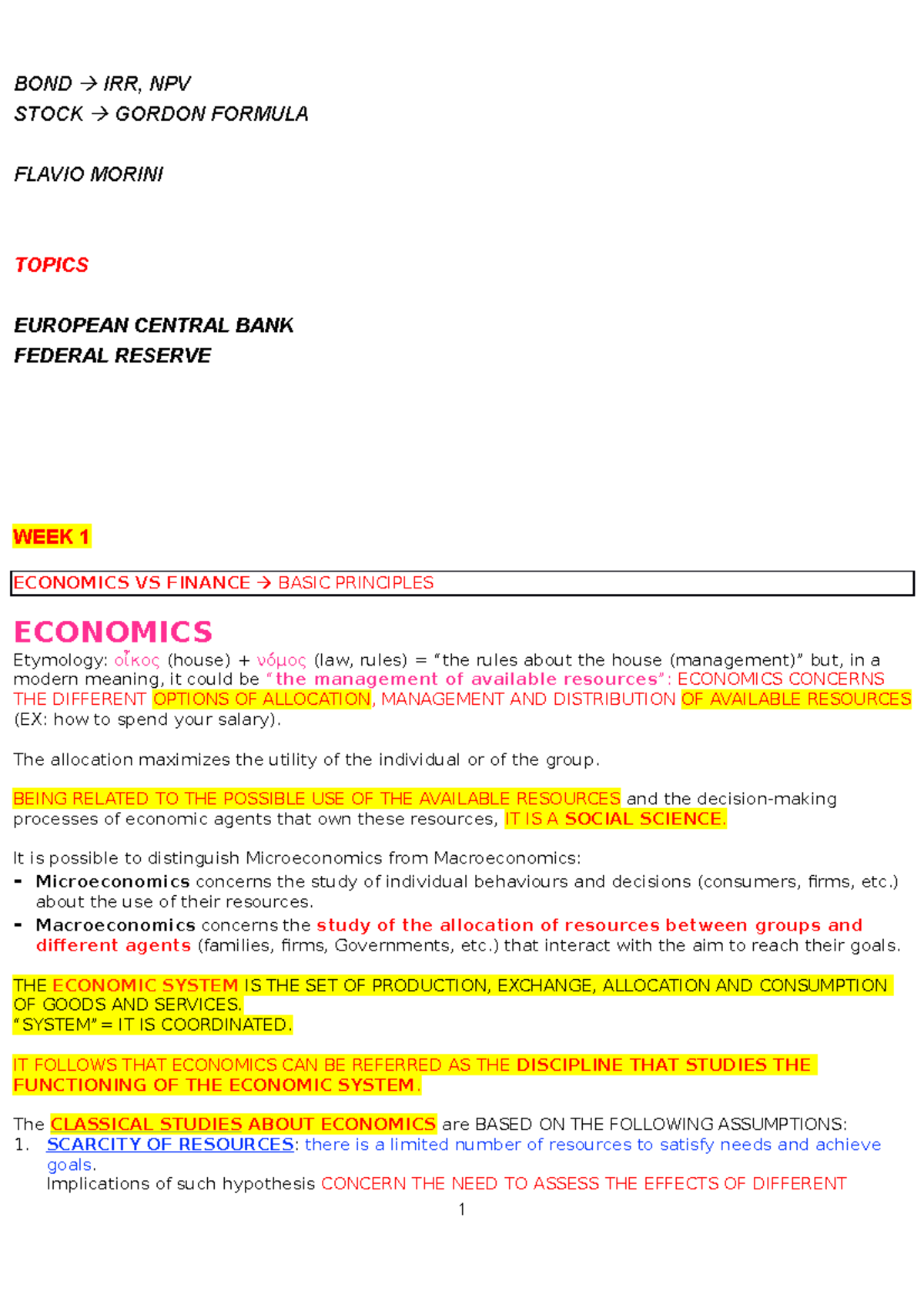 Introduction to finance notes - ####### BOND ð IRR, NPV ####### STOCK ð ...