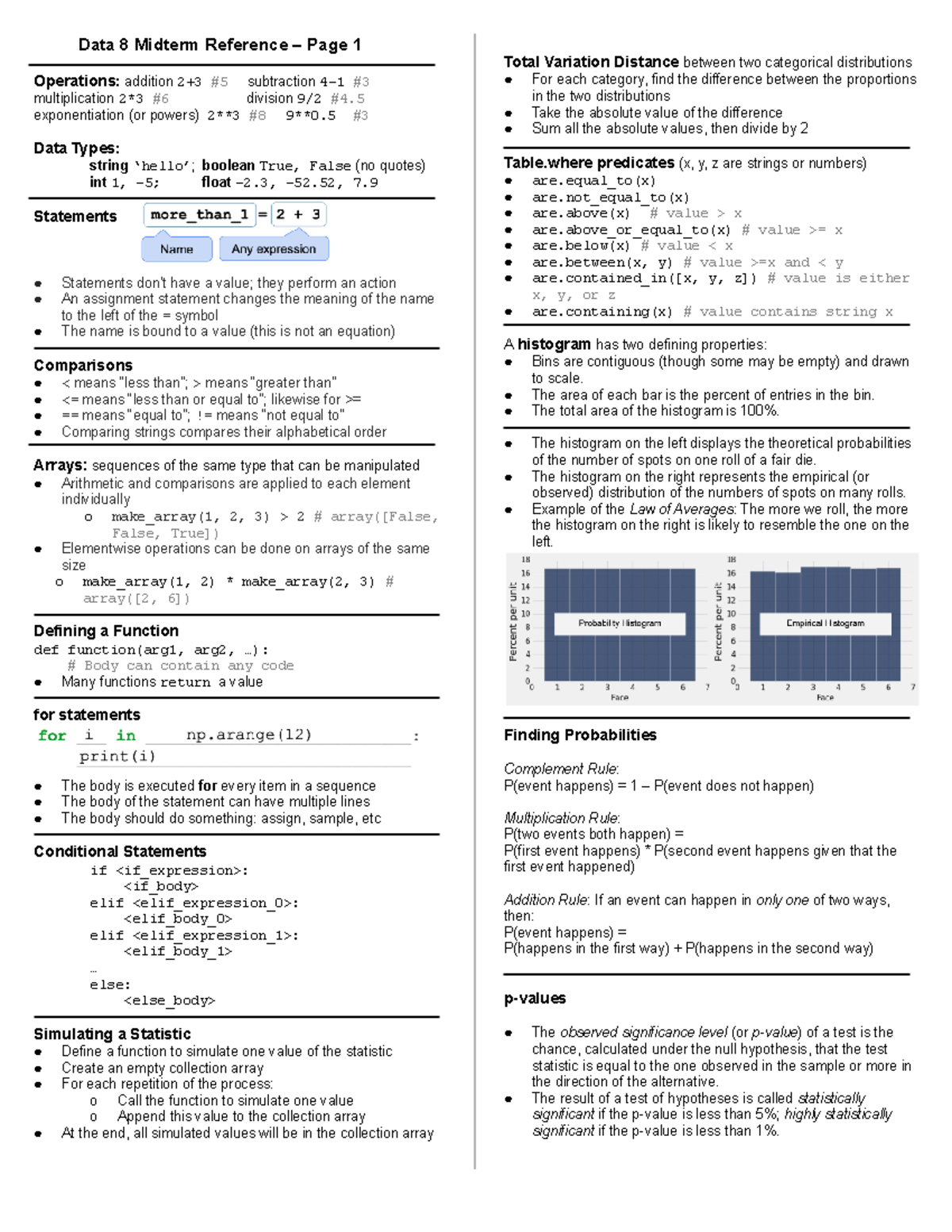 Data 8 Midterm Reference Fall 2021 - Data 8 Midterm Reference – Page 1 Operations: addition2+3#5 ...