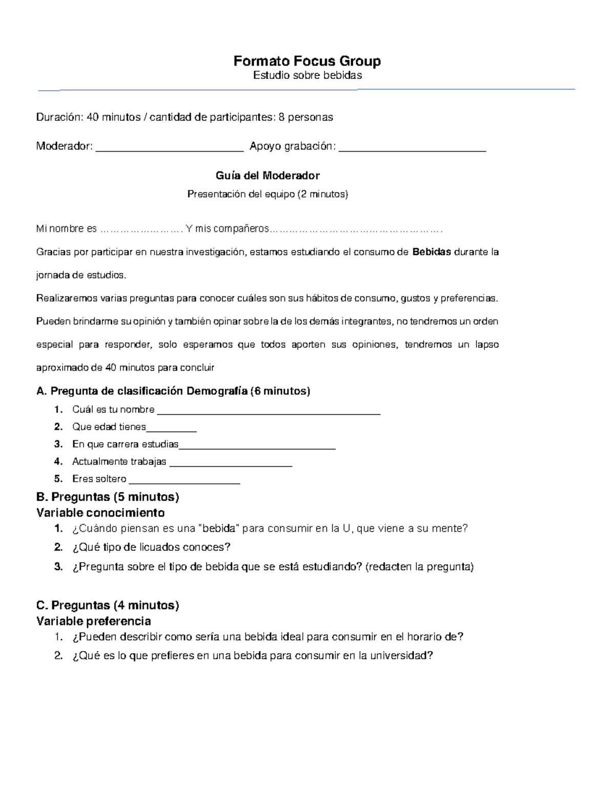 Guia para Focus Group - Formato Focus Group Estudio sobre bebidas ...