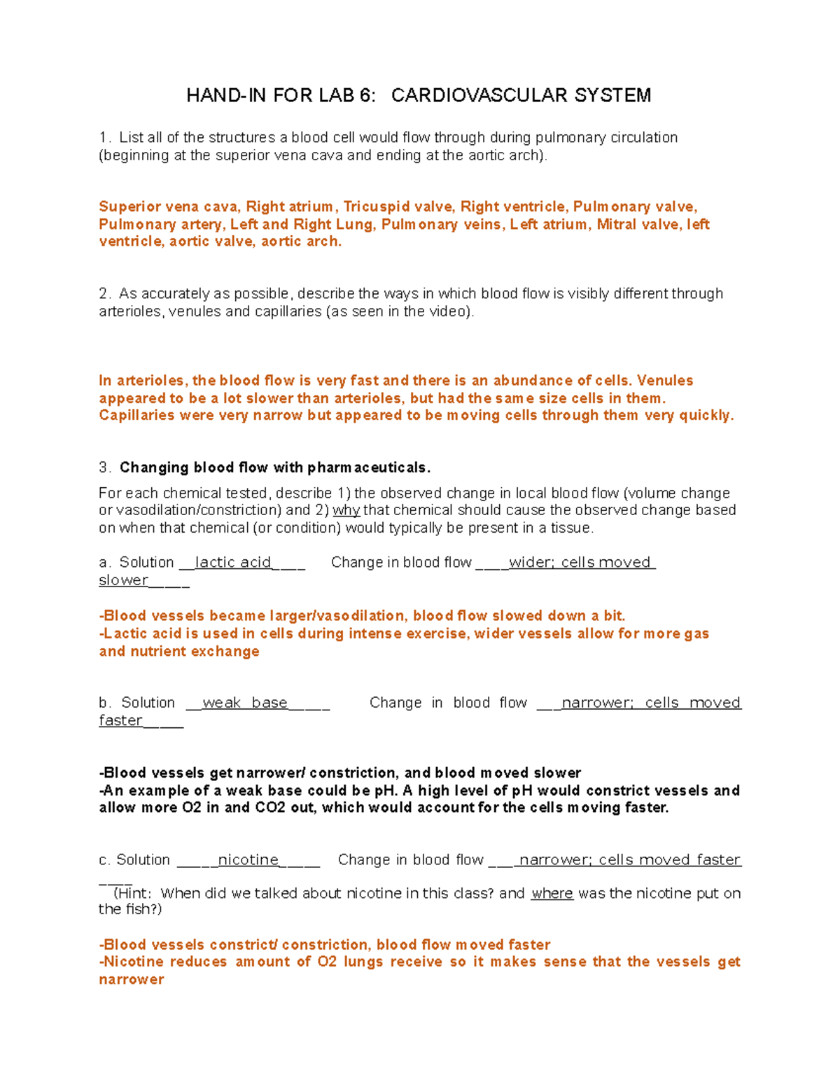 CV Lab Handin - BIO 254 - HAND-IN FOR LAB 6: CARDIOVASCULAR SYSTEM List ...