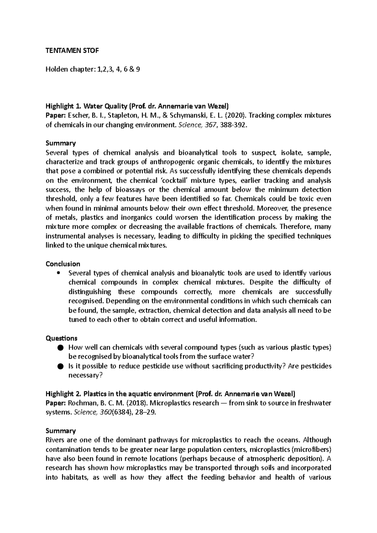 Water quality samenvatting - TENTAMEN STOF Holden chapter: 1,2,3, 4, 6 ...