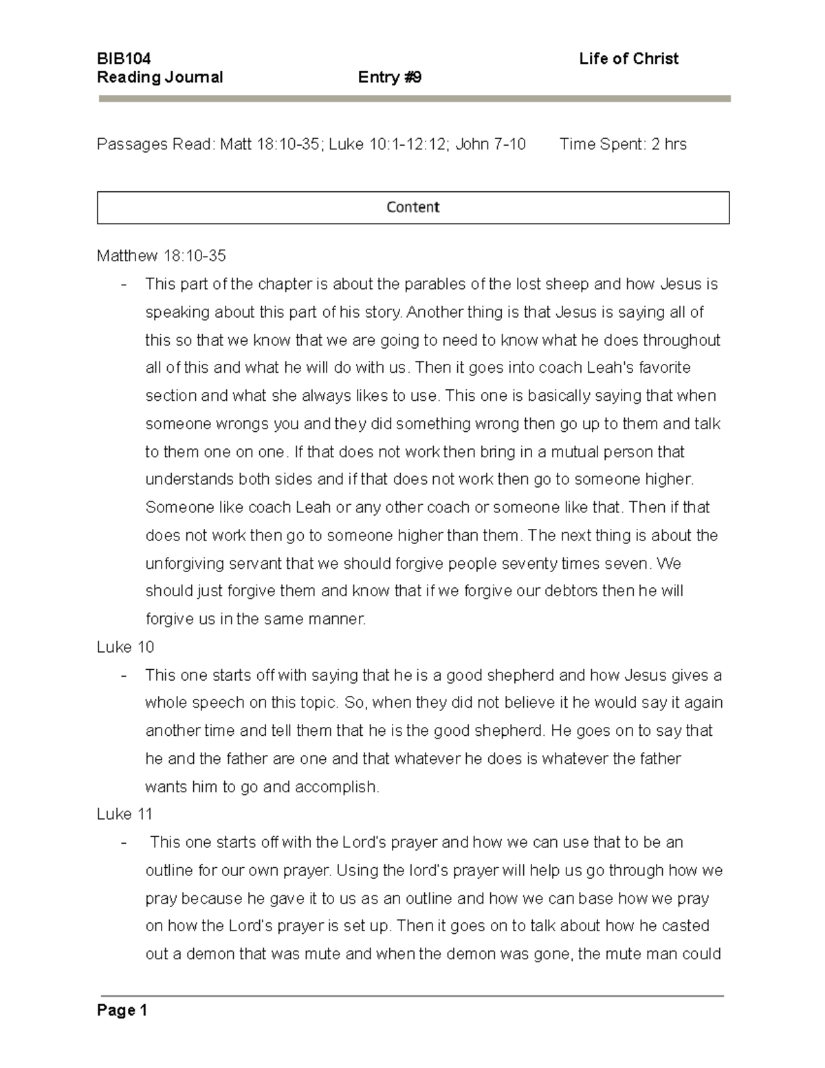 Journal 08 - BIB104 Life of Christ Reading Journal Entry # Passages ...