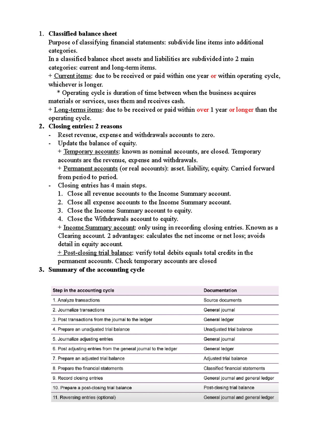 Summary Chapter 4 - Classified balance sheet Purpose of classifying ...
