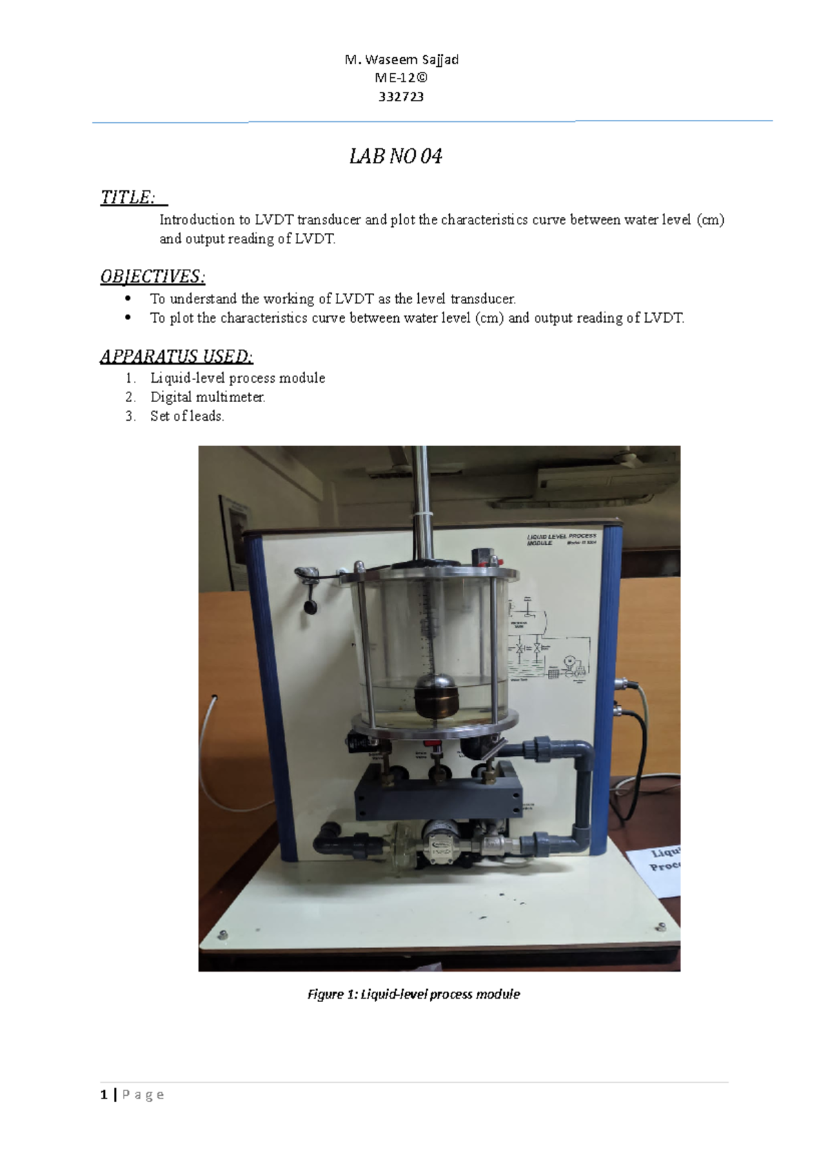 Lab No 04 Manual-1 - .......... - ME-12© 332723 LAB NO 04 TITLE: Introduction to LVDT transducer ...