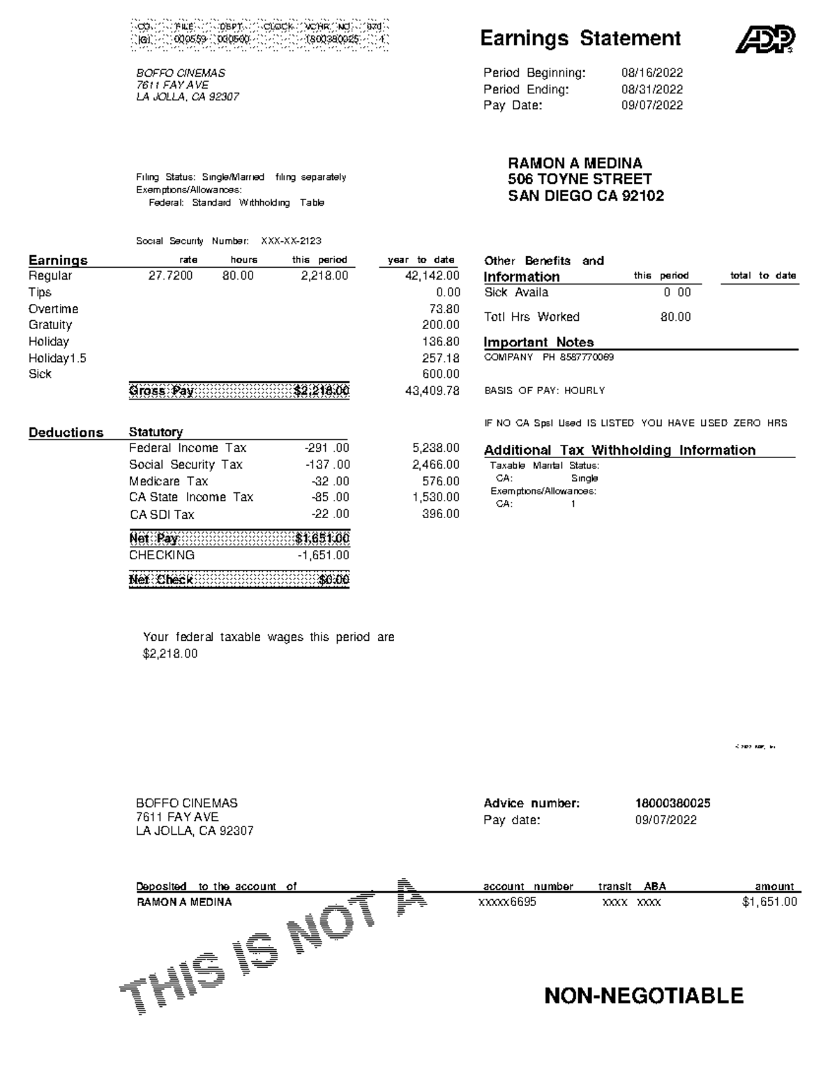 Ramon 0907 IGIooo 0042006 30000 r07F2422AB04621 - Earnings Statement ...