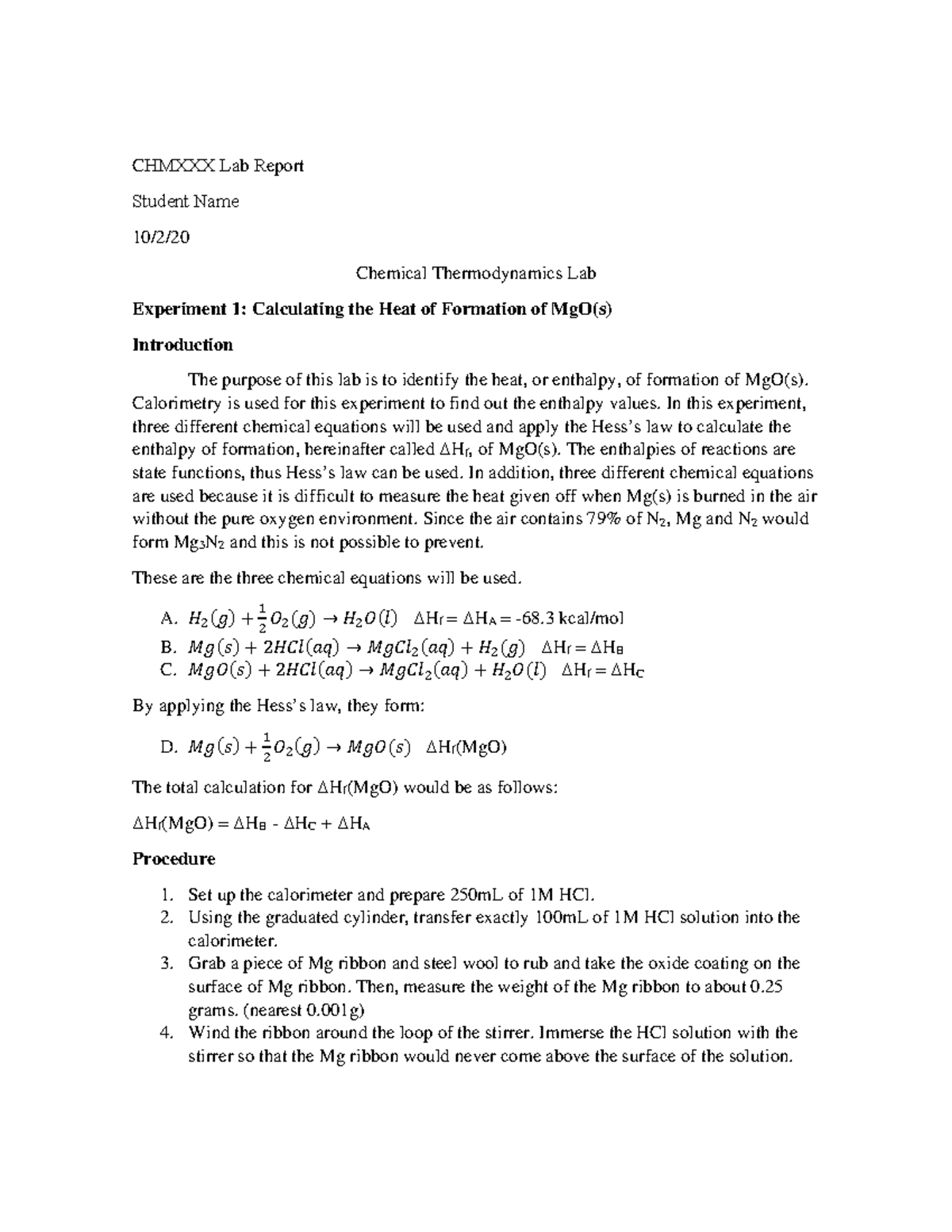 Chemical Thermodynamics Sample Report - CHMXXX Lab Report Student Name ...