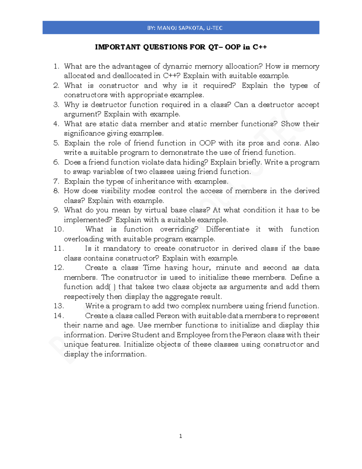Important Questions For QT - 1 BY: MANOJ SAPKOTA, U-TEC IMPORTANT ...